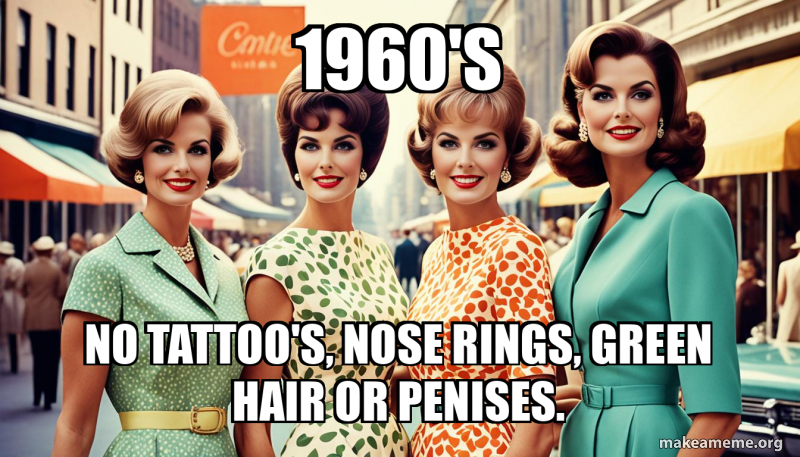 1960's no tattoo's, nose rings, green hair or penises. Meme Generator
