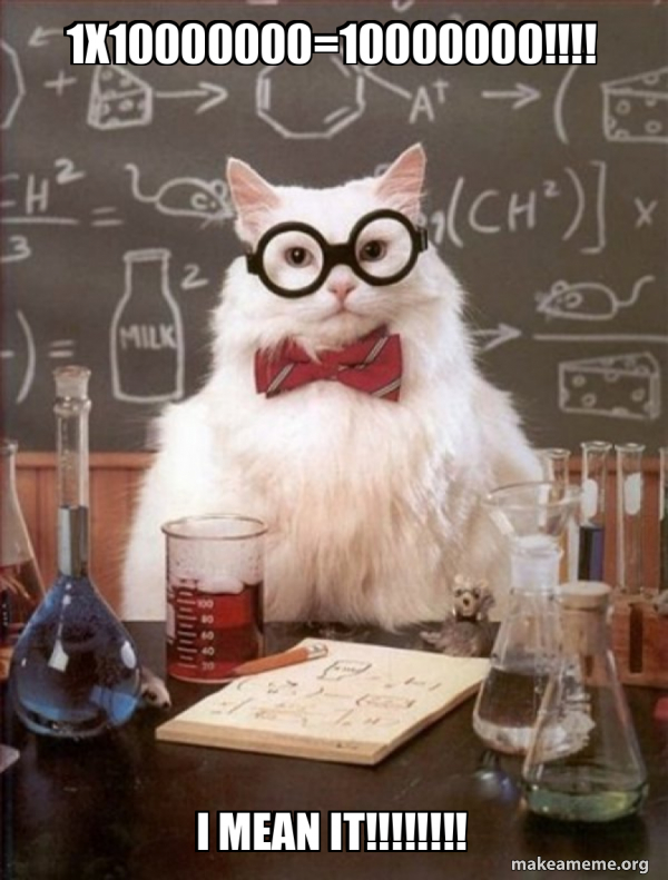 1x10000000=10000000!!!! i mean it!!!!!!!! - Chemistry Cat Meme Generator