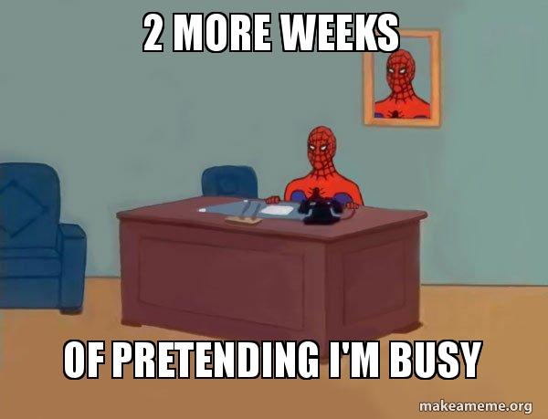 2 more weeks Of pretending I'm busy - Spiderman Meme Generator