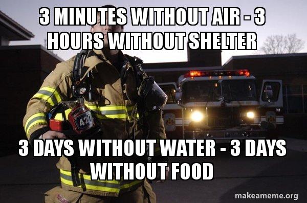 3 minutes without air - 3 hours without shelter 3 days without water ...