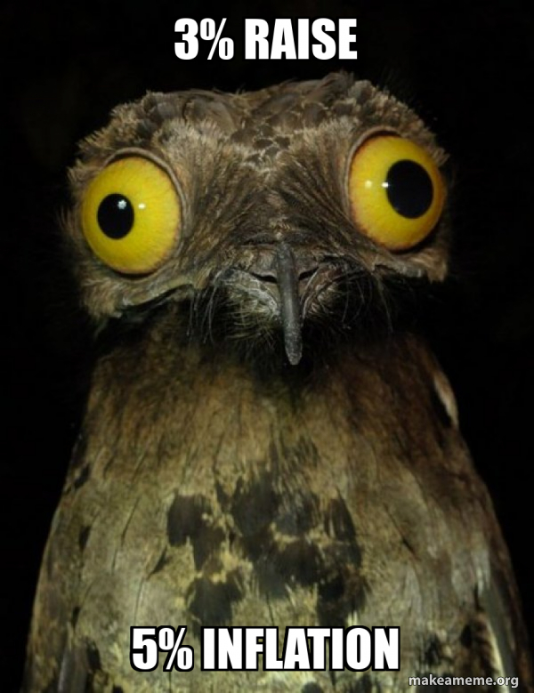 3% raise 5% inflation - Weird Stuff I do Potoo Meme Generator