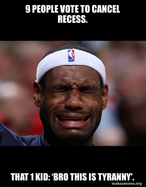 9 people vote to cancel recess. That 1 kid: ‘Bro this is tyranny ...