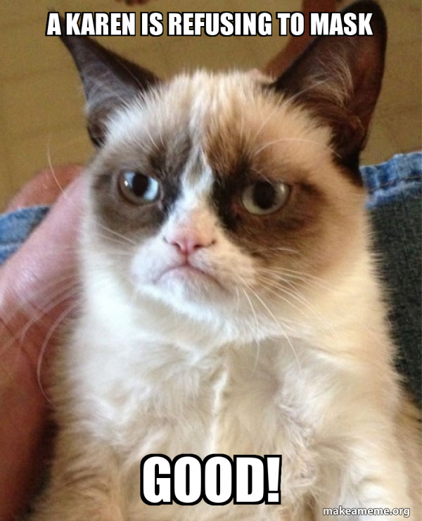 a Karen is refusing to mask GOOD! - Grumpy Cat Meme Generator