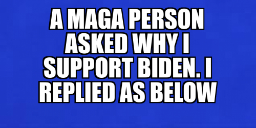 a maga person asked why i support biden. i replied as below Meme Generator