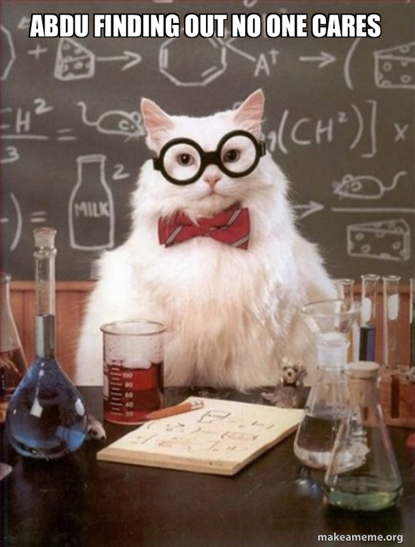 abdu finding out no one cares - Chemistry Cat Meme Generator