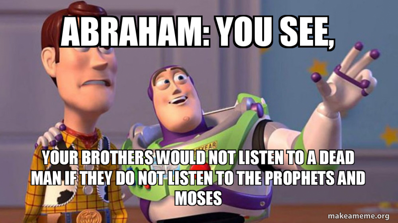 Abraham: you see, Your brothers would not listen to a dead man if they ...