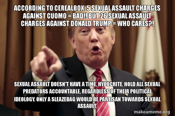 According to CerealBox: 5 sexual assault charges against Cuomo = BAD ...