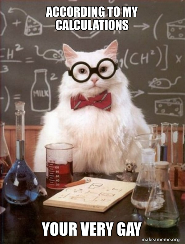 According to my calculations your very gay - Chemistry Cat Meme Generator