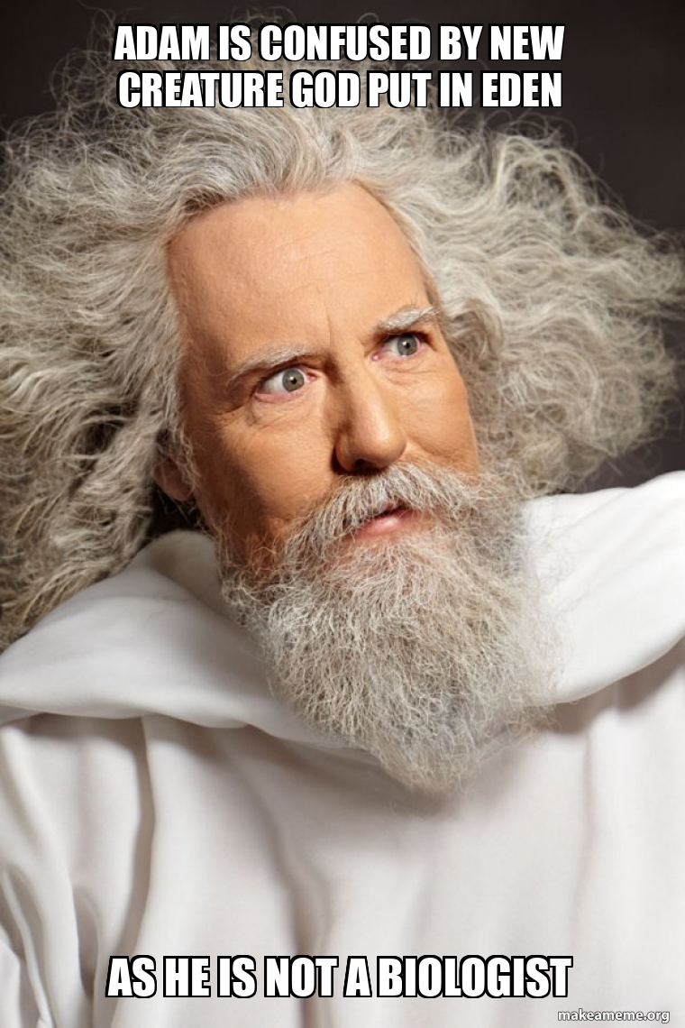 Adam is confused by new creature god put in eden as he is not a ...