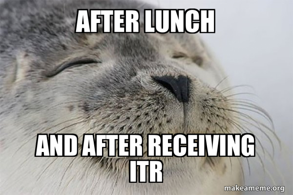 after lunch and after receiving ITR - Satisfied Seal Meme Generator