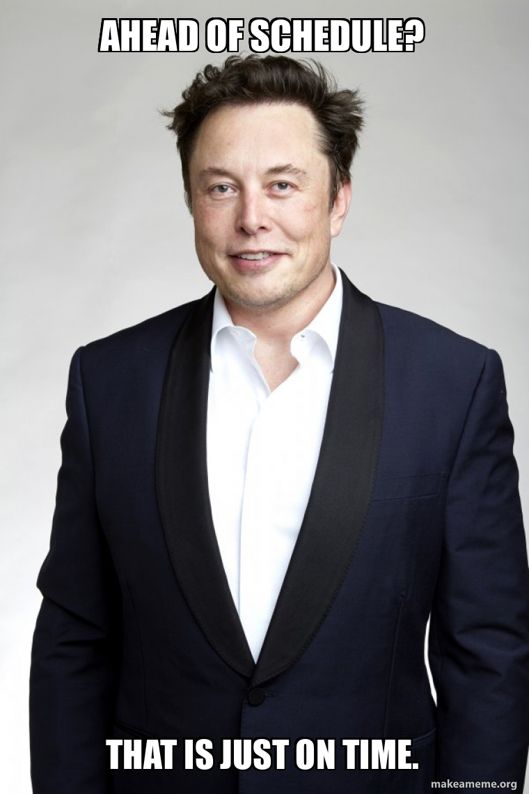 Ahead of schedule? That is just on time. - Elon Musk Meme Generator