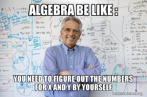 Algebra be like : You need to figure out the numbers for X and Y by ...