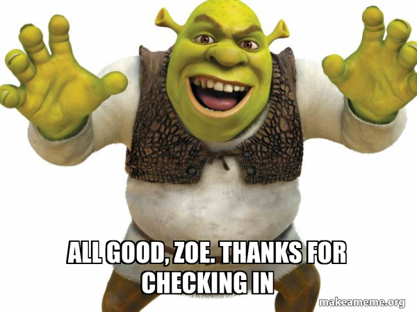 all good, zoe. thanks for checking in - Shrek Meme Generator