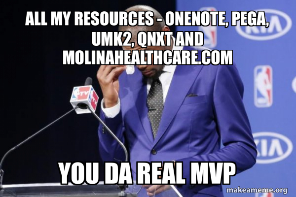 All my resources - OneNote, PEGA, UMK2, QNXT and Molinahealthcare.com ...