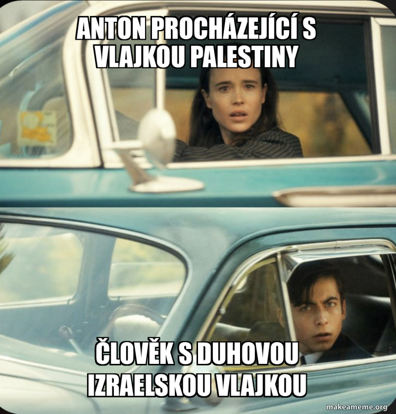 Anton procházející s vlajkou palestiny Člověk s Duhovou izraelskou ...