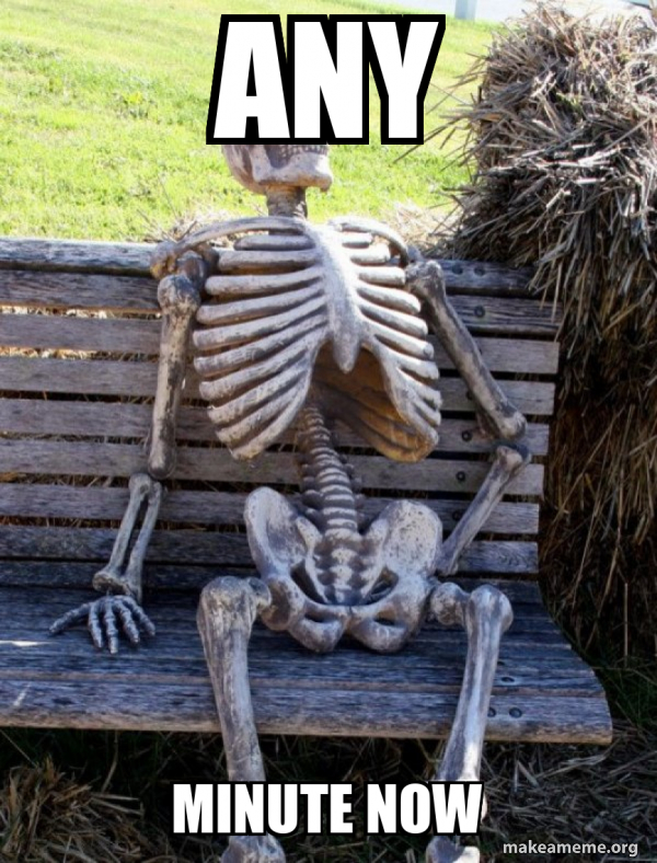Any minute now - Waiting Skeleton Meme Generator