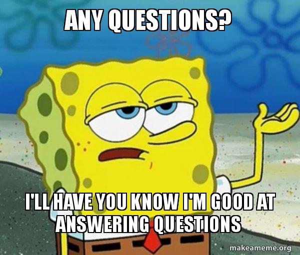 Any questions? I'll have you know i'm good at answering questions ...