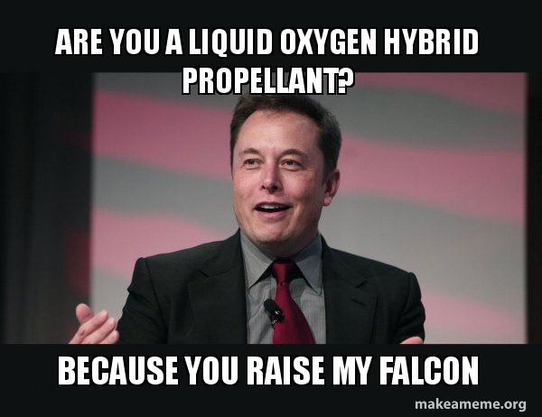 Are you a liquid oxygen hybrid propellant? Because you raise my falcon - Elon Musk Meme Generator
