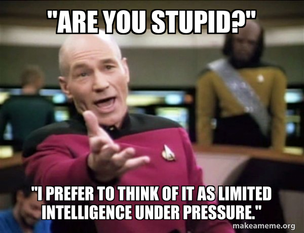 "Are you stupid?" "I prefer to think of it as limited intelligence under pressure." - Annoyed ...