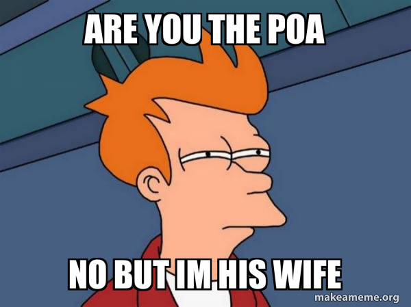 ARE YOU THE POA NO BUT IM HIS WIFE - Futurama Fry Meme Generator