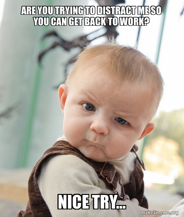 Are you trying to distract me so you can get back to work? Nice try ...