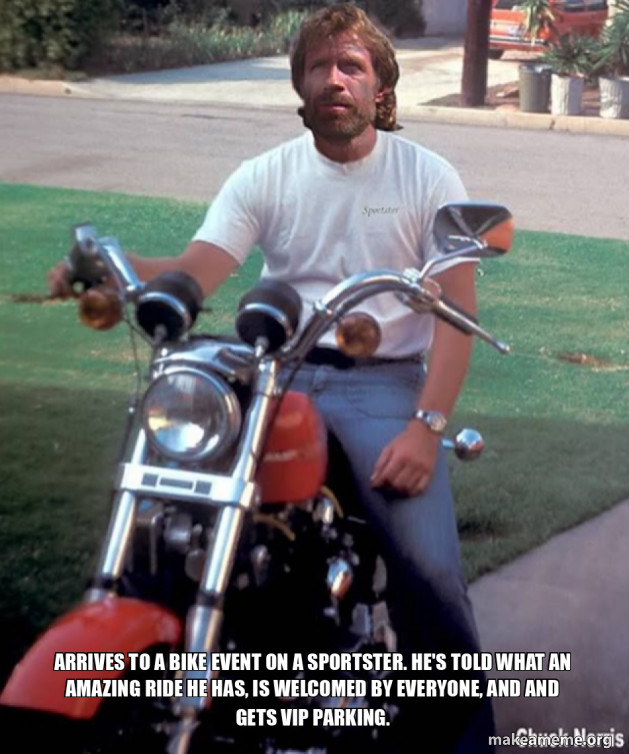 arrives to a bike event on a Sportster. He's told what an amazing ride ...