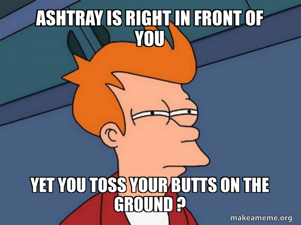 ASHTRAY IS RIGHT IN FRONT OF YOU yet you toss your butts on the ground ...