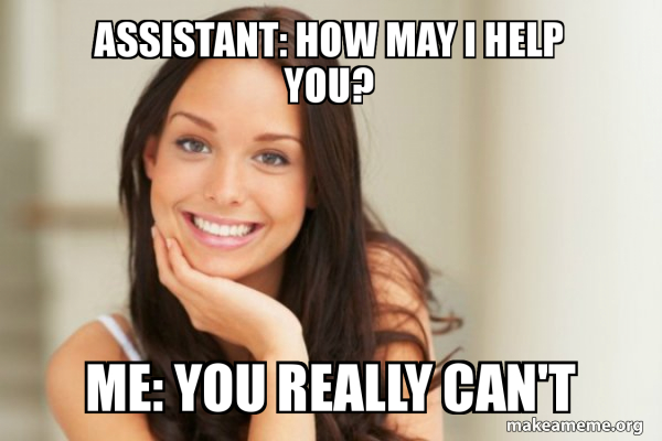 Assistant: how may I help you? Me: you really can't - Good Girl Gina ...