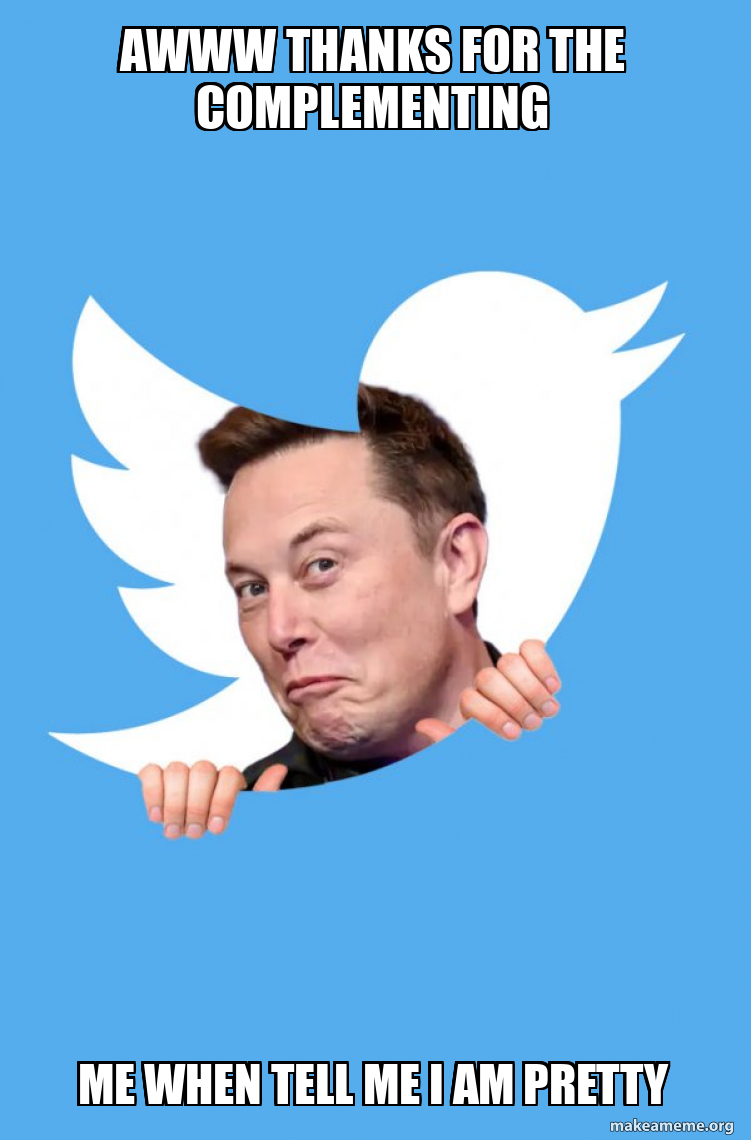 awww thanks for the complementing me when tell me I am pretty - Elon Musk Twitter Meme Generator