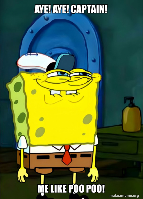 Aye! Aye! Captain! Me like poo poo! - SpongeBob Grin Meme Generator