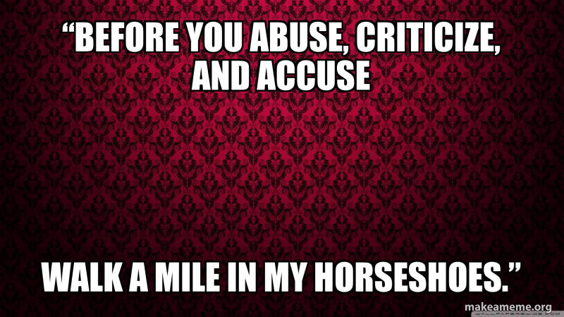 “Before you abuse, criticize, and accuse walk a mile in my horseshoes ...