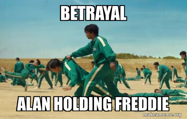 Betrayal Alan holding Freddie - Squid Game Ali Holding Seong Meme Generator