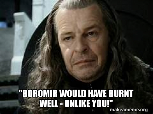 "boromir would have burnt well - unlike you!" Meme Generator
