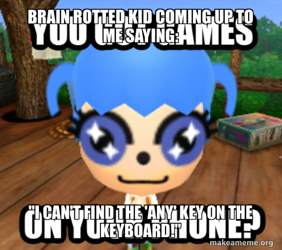 Brain rotted kid coming up to me saying: "I can't find the 'Any' key on ...