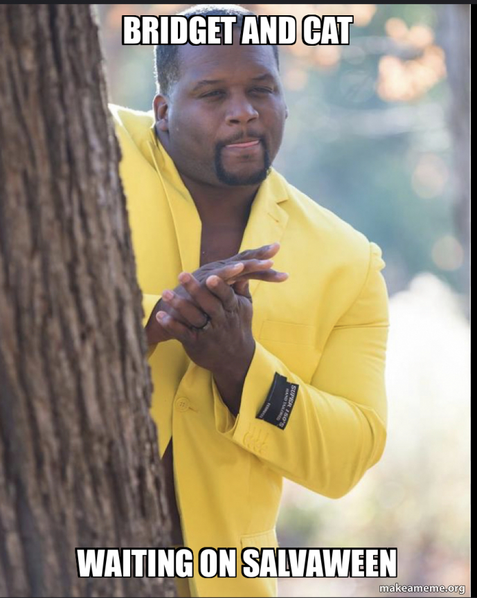 bridget and cat waiting on salvaween Meme Generator