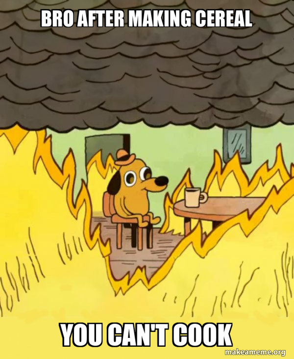 bro after making cereal you can't cook - This Is Fine Meme Generator