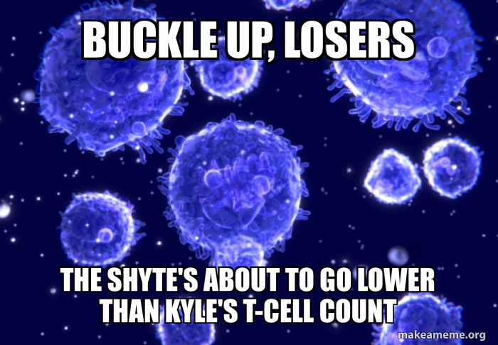 Buckle up, losers The SHYTE'S about to go lower than Kyle's t-CELL ...