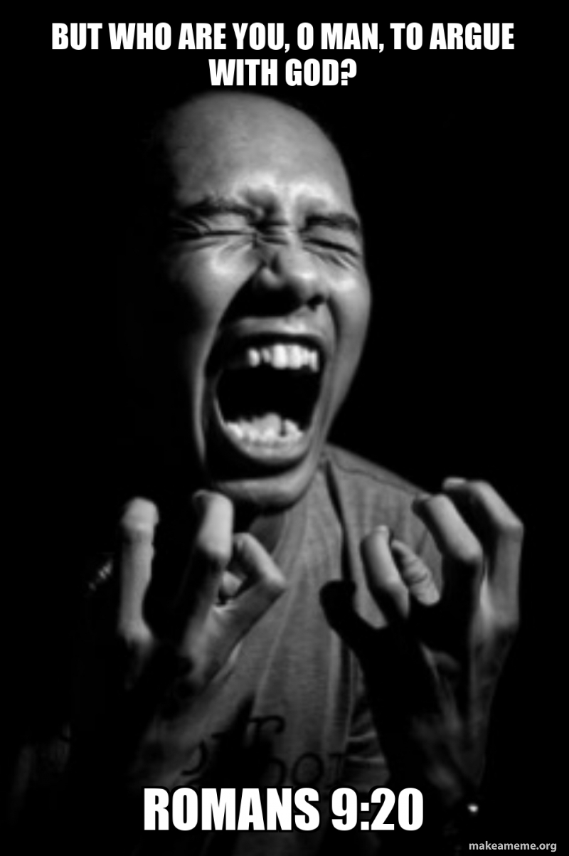 But who are you, O man, to argue with God? Romans 9:20 Meme Generator