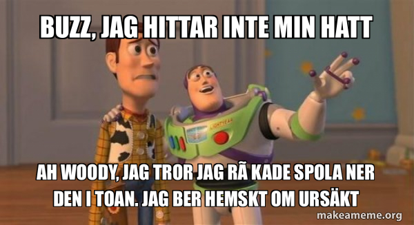 Buzz, jag hittar inte min hatt Ah woody, jag tror jag råkade spola ner den i toan. Jag ber ...