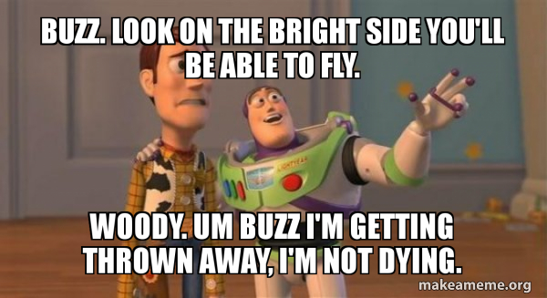 Buzz. Look on the bright side you'll be able to fly. Woody. Um buzz i'm ...