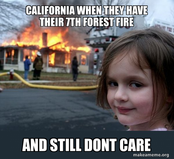 California when they have their 7th forest fire and still dont care - Disaster Girl Meme Generator