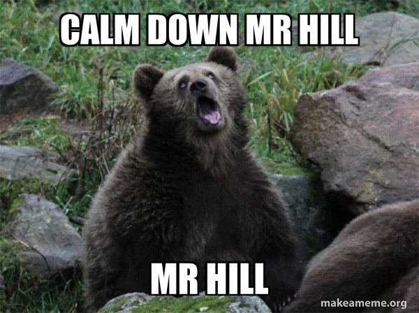 calm down mr hill mr hill - Sarcastic Bear Meme Generator