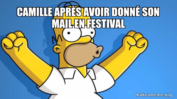Camille après avoir donné son mail en festival - Happy Homer Meme Generator