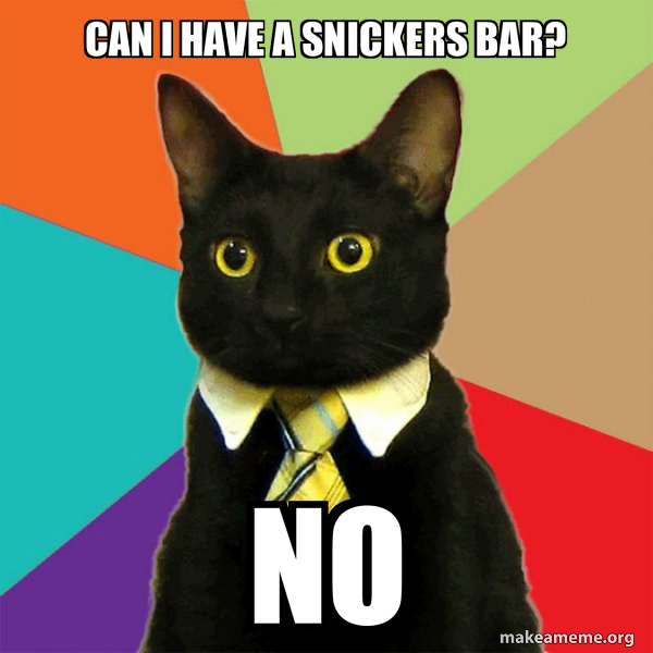 can I have a snickers bar? NO - Business Cat Meme Generator