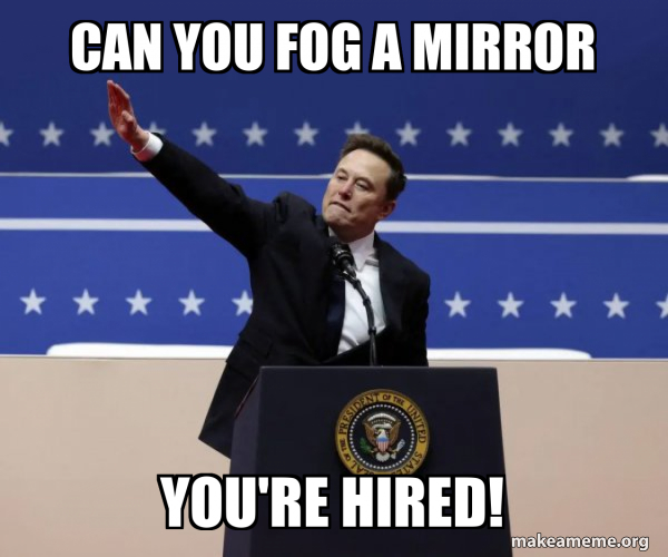 Can you fog a mirror You're hired! - Nazi Elon Meme Generator