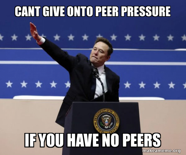 cant give onto peer pressure if you have no peers - Nazi Elon Meme ...