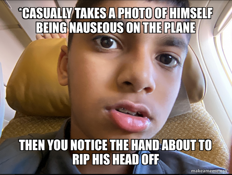 *Casually takes a photo of himself being nauseous on the plane Then you ...