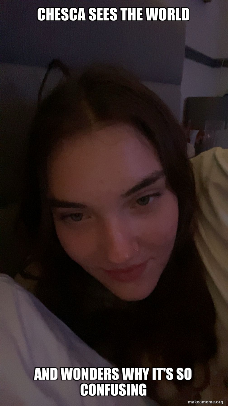 Chesca sees the world and wonders why it's so confusing Meme Generator