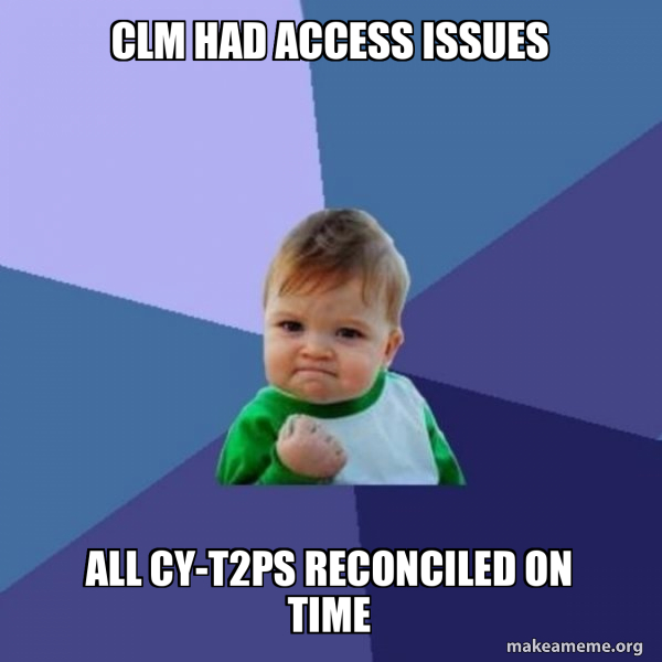 CLM had access issues All CY-T2Ps reconciled on time - Success Kid Meme ...