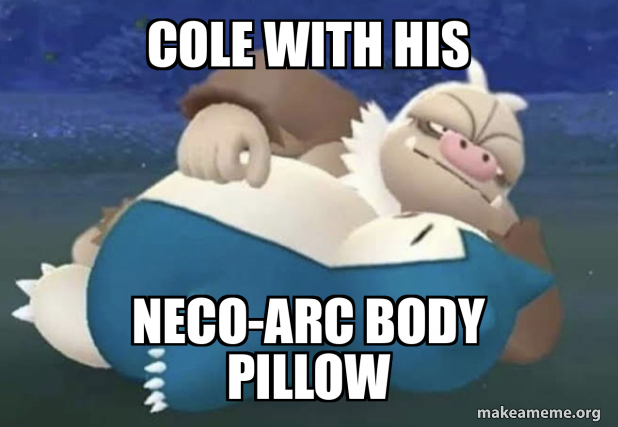 Cole With his neco-arc body pillow Meme Generator